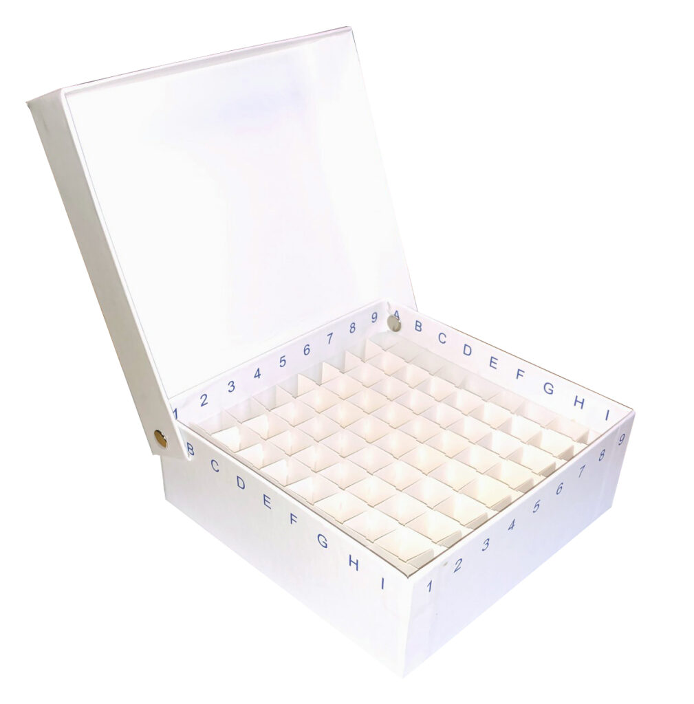 2" Fiberboard Boxes | Hinged Lid With Gridlines | 81 Cell Dividers | White